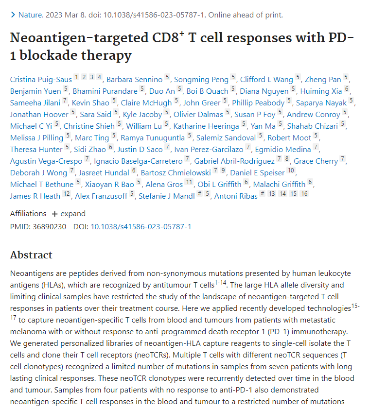 肿瘤学术早知道！Nature：肿瘤抗原靶向CD8+T细胞反应与PD-1阻断疗法